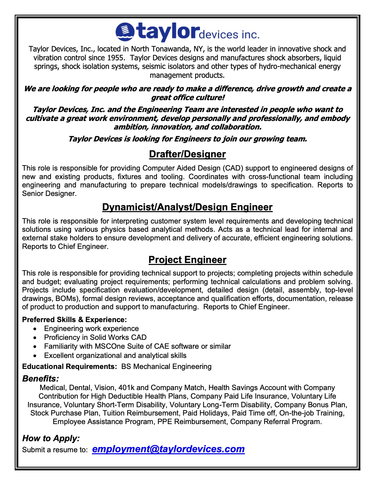 Find Your Next Career and Join Our Team | Taylor Devices, Inc.